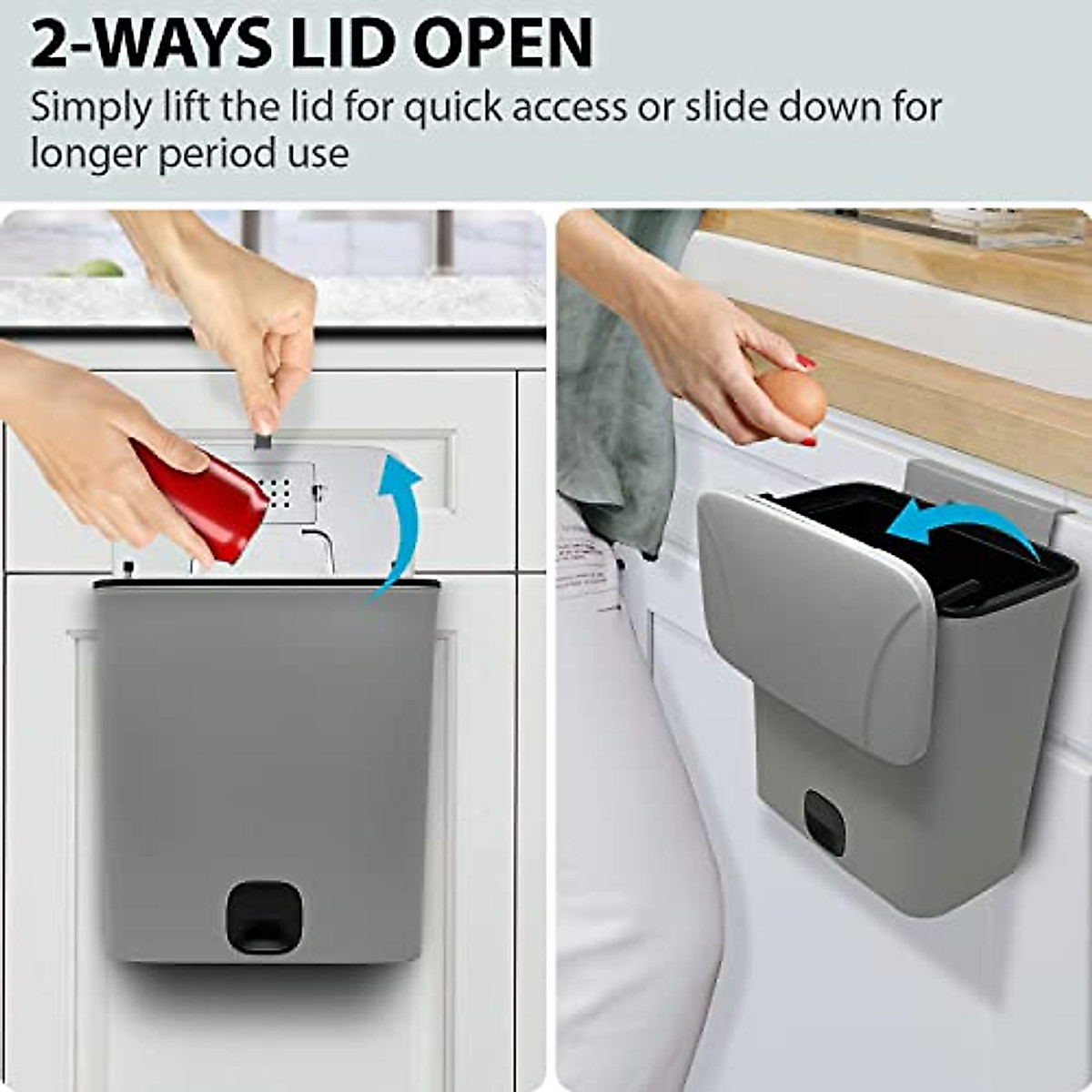 KSEV 2.6 Gallon Kitchen Hanging Trash Bin with Lid and Trash Bag Compartment, (2 Way Slide Open) Mountable Garbage Compost Can for Counter Top, Under Sink, Cabinet Door, Bathroom, RV, Pontoon (Gray)