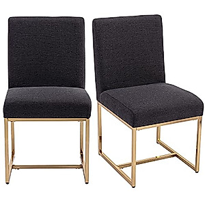 VESCASA Linen Upholstered Dining Chairs Set of 2, Mid Century Modern Padded Chair with Gold Metal Frame for Restaurant, Dining Room, Kitchen, Charcoal