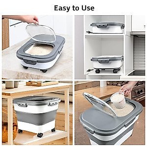 Komzon Rice Storage Containers, Collapsible 20 to 30Lbs Food Storage Bin Dispenser with Rolling Wheel and Clear Airtight Lid, BPA Free Flour, Sugar, Cereal and Dog Cat Pet food Containers