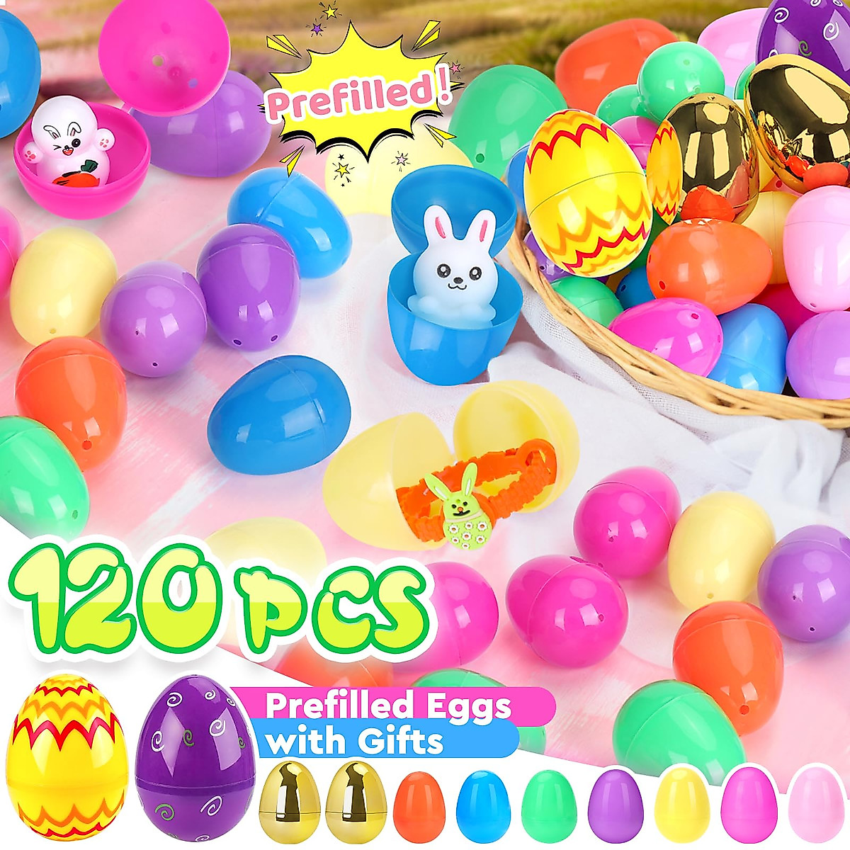 120 Pcs Prefilled Easter Eggs with Toys Inside, Pre Filled Plastic Easter Eggs Bulk for Easter Egg Hunt Supplies, Easter Party Favors, Easter Basket Stuffers Filler, Pre Stuffed Easter Eggs for Kids