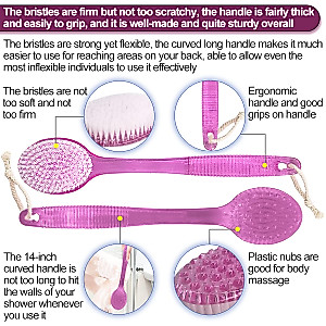 Back Bath Brush - Curved Long Handle Shower Brush with Medium Stiff Bristles for Exfoliating Body, Back Scrubber for Men & Women (Pink 2 Pack)