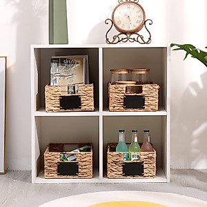 Rectangular Seagrass Baskets Hanging Storage Baskets Kitchen Storage Basket,Foldable Water Hyacinth Basket,Woven Kitchen Organizer with Labels&White Chalk Markers,Set of 4 Pcs,10.8x9x4.9inch