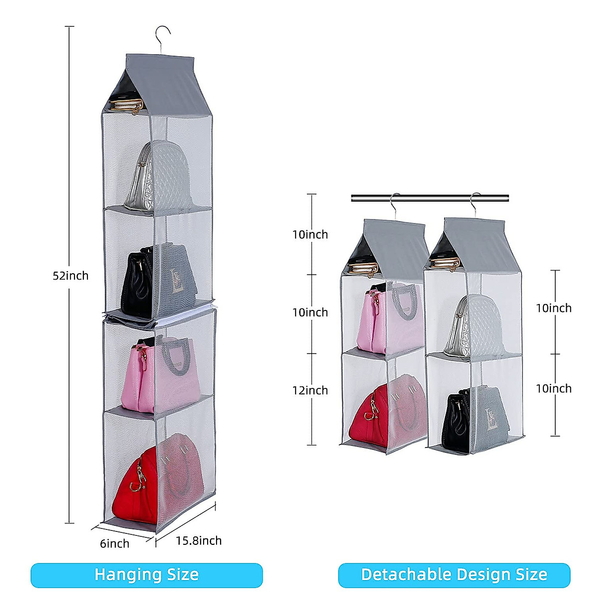 KEEPJOY Detachable Hanging Handbag Purse Organizer for Closet, Purse Bag Storage Holder for Wardrobe Closet with 4 Shelves Space Saving Purse Organizers System (Pack of 2 Grey)