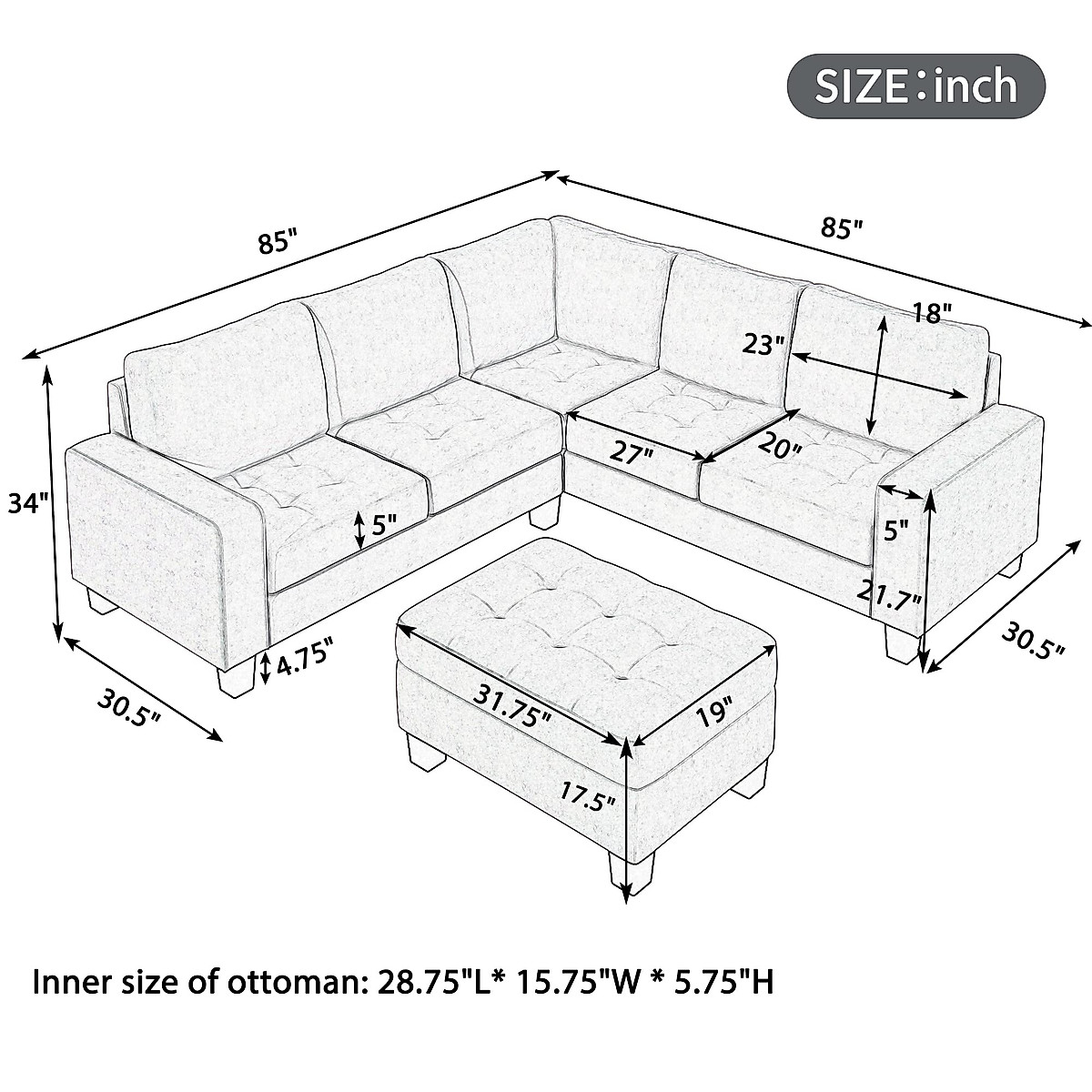Merax Sectional Corner Sofa Set, Modern L-Shaped Couch with Storage Ottoman and Cup Holders for Living Room, Linen Brwon
