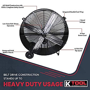 K Tool International 77742; 42” Belt Drive Drum Fan; Industrial Fan, Garage, Shop, High Speed 2-Speed, Durable, Cut-Off Protection, Easy Mobility Rubber Wheels; 1 Year Warranty, 14,800 Max CFM, Black
