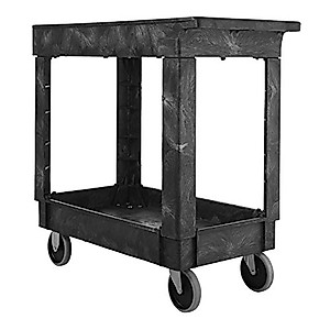 Rubbermaid Commercial Products 2-Shelf Service/Utility Cart with Wheels, 300-Pound Capacity, Black, Lipped Shelves with Handle, Use in School/Restaurant/Warehouse/Manufacturing