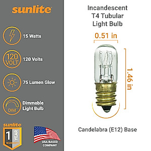 Sunlite 41717 Incandescent T4 Tubular Light Bulb, 15 Watts, 75 Lumens, Candelabra E12 Base, Dimmable, 2000 Hour Life Span, 2600K Warm White, 10 Count