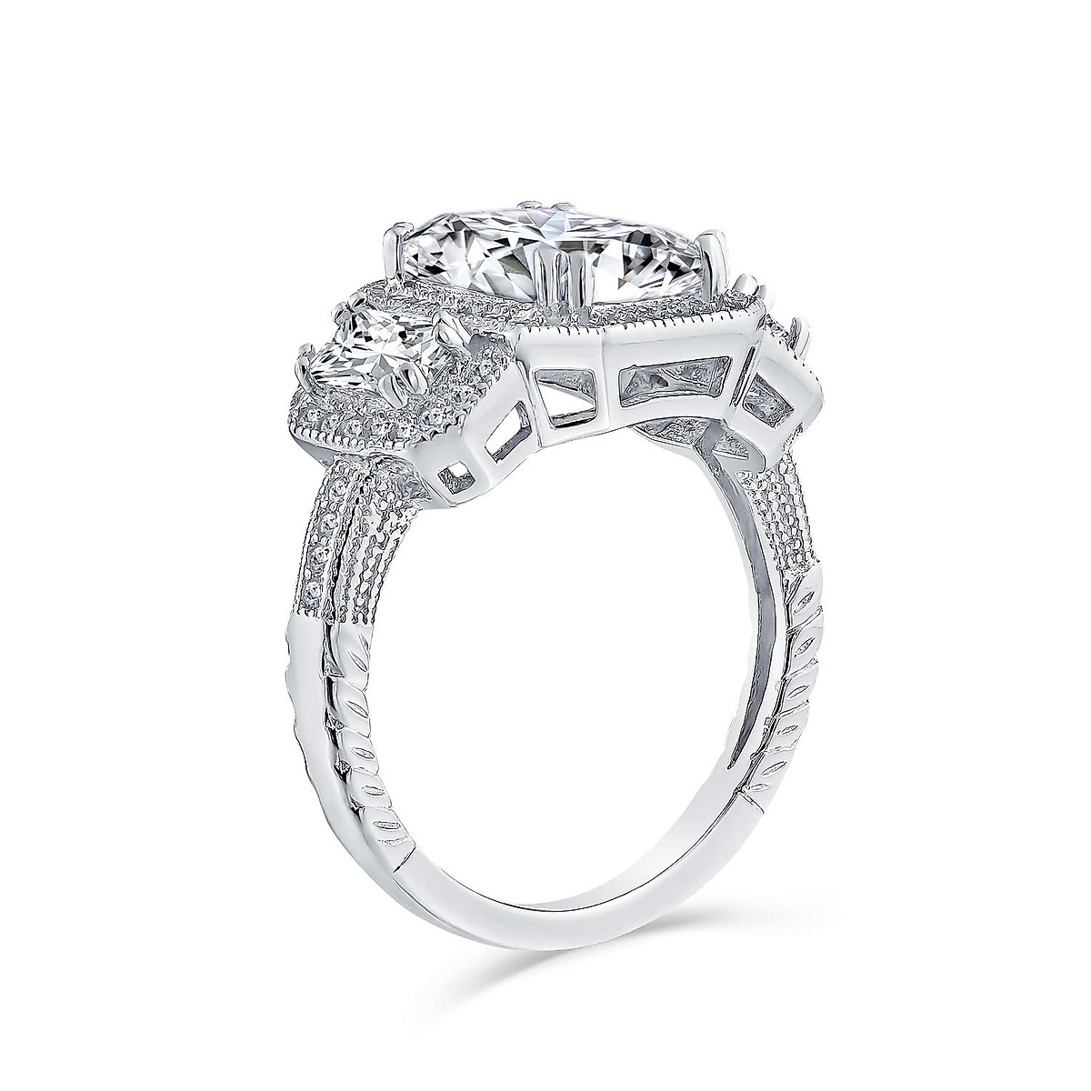 Personalize Estate Vintage Art Deco Style 3CT AAA CZ Halo Rectangle Emerald Cut Statement Engagement Ring For Women CZ Baguette Side Stones .925 Sterling Silver Custom Engraved