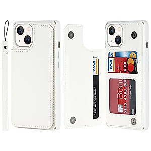 Cavor for iPhone 13 Wallet Case for Women Men,iPhone 13 Case with Card Holder,Phone Cases for iPhone 13 with Stand & Strap，Leather Credit Card Holders Shockproof Protective Cover-White