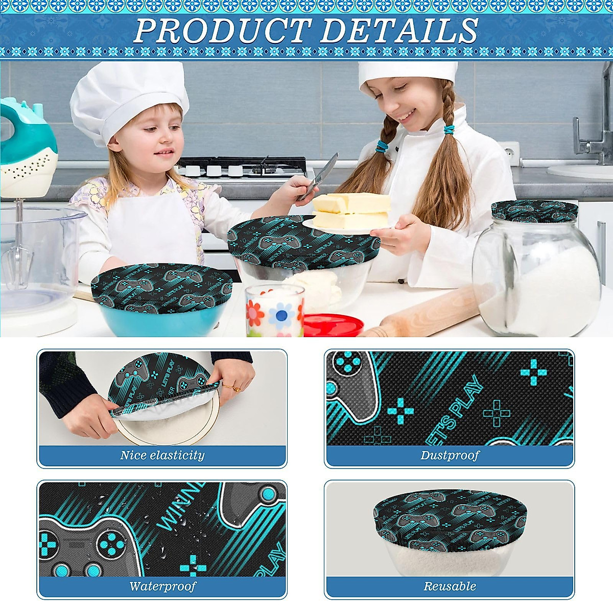 Bowl Cover Reusable Blue Joystick Video Game Black Elastic Fabric Food Storage Cover Stretch Lids 5 Pieces for Kitchen Food Bread Abstract Bowl Containers Dish Covers for Fruits,Leftover