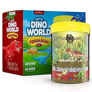 Dino World Terrarium Kit for Kids - LED Light in Lid Dinosaur Easter Toys for Boys &, Girls Age 3, 4, 5, 6, 7, 8+ Year Old Boy Gifts - Dinosaur Garden + Toy Dinosaurs - STEM Science Gardening Kits