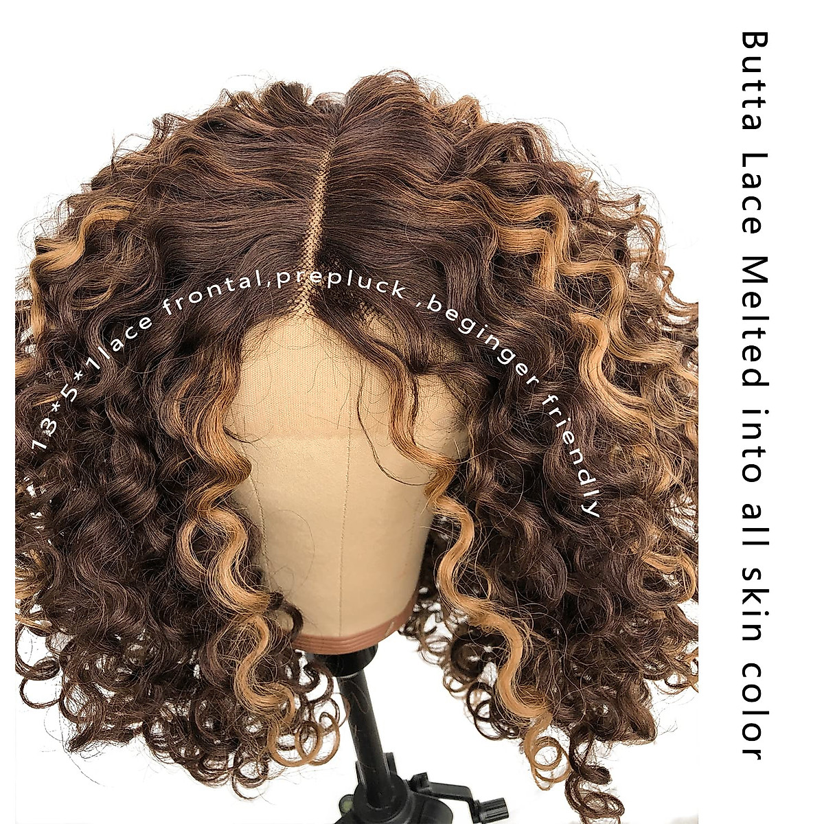 MITIMTES 16inch P4/27 Omber Honey Blonde Highlight HD Glueless Curly Lace Front Wig Pre Plucked with Babyhair Human Hair Blend Synthetic Short Curly Frontal Wig for Black Women