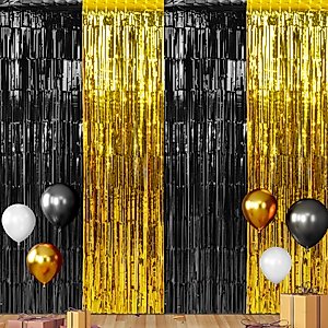 3Pack 3.3Ft x 6.6Ft Graduation Foil Fringe Curtain Backdrop Decorations, Black Gold Metallic Tinsel Foil Streamers Curtain Photo Booth Background for Graduation Prom Wedding Birthday Party Decorations
