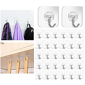 30 PCS Adhesive Hooks Wall Hanger Hook 13lb(Max), Bathroom Kitchen Transparent Reusable Seamless Scratch Wall Hooks for Bathrobe Coats Ceiling Hanger,Hanging Waterproof Plastic Hooks