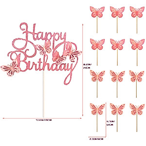 MILIYUKI 13-Pieces 3D Butterfly Cupcake Topper for Girls Women's Happy Birthday Cake Decorations Party Decorations(Pink)