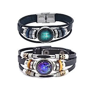 Zodiac Pisces Constellation Bracelet Handmade Woven Multilayer Zodiac Sign Leather Wrap Bracelet Wristband for Women Men Jewelry Gift 2Pcs Set