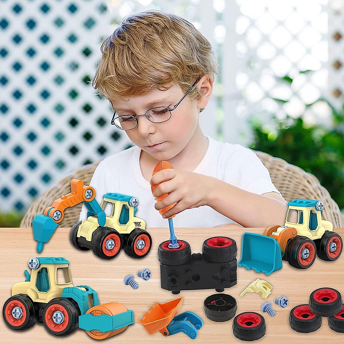 Sand Toys for Kids Toddlers: Take Apart Construction Toys Truck Set Includes Road Roller, Excavator, Bulldozer, Drilling Truck