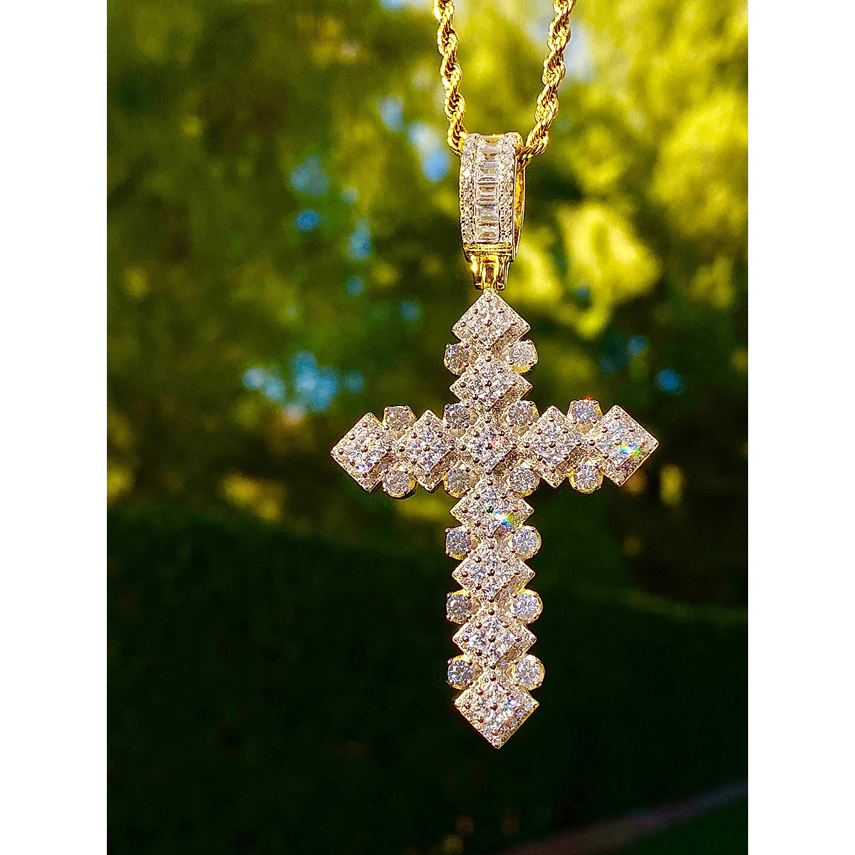 Custom Cross Men Women 925 Italy Gold Finish Iced Silver Charm Ice Out Pendant Stainless Steel Real 3 mm Rope Chain , Mans Jewelry, Iced Pendant, Rope Necklace 16"- 24" (24" Chain + Pendant Set)