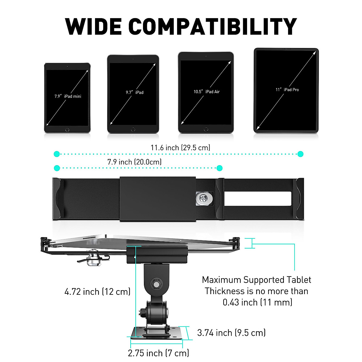 AboveTEK Tablet Wall Mount -360° Rotation iPad Wall Holder for Retail & Business, Anti Theft iPad Stand Fits 7"-11" Tablets Including iPad Pro/Air/Mini, Galaxy Tab - Security Lock & Key - (Black)