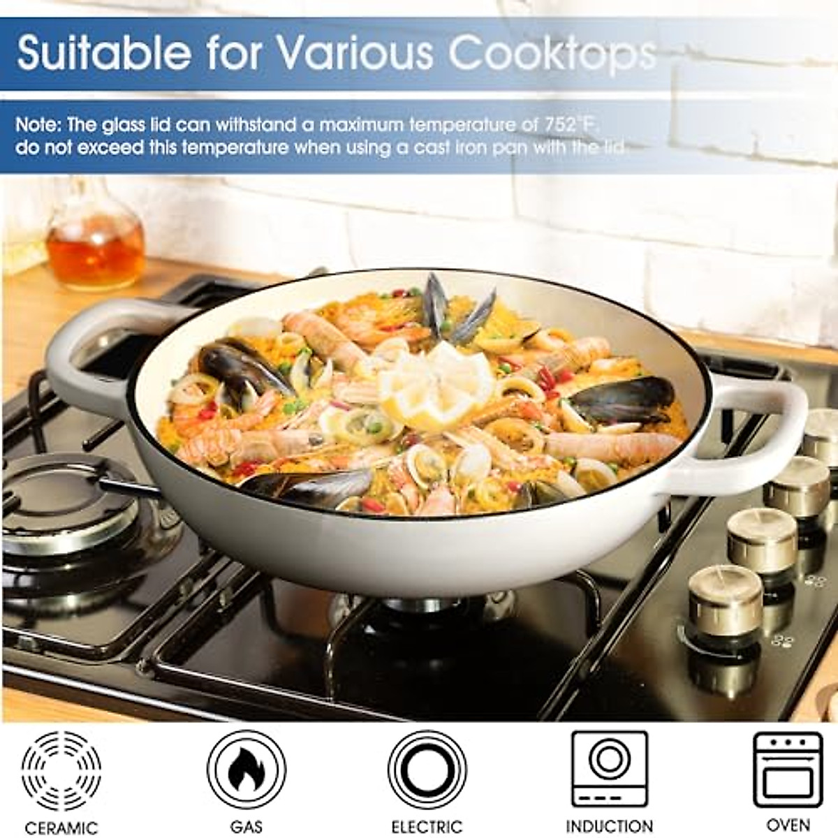NUTRIUPS 3.6 Quart Braiser Enameled Cast Iron Dutch Oven Pot with High Borosilicate Glass Lid, Dutch Oven/Casserole Cast Iron Non Stick Larger Handle (Beige + White)