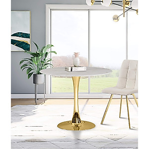 Meridian Furniture Holly Collection Modern | Contemporary Round Faux Marble Top Dining Table, 36" Wide, Gold Metal Base