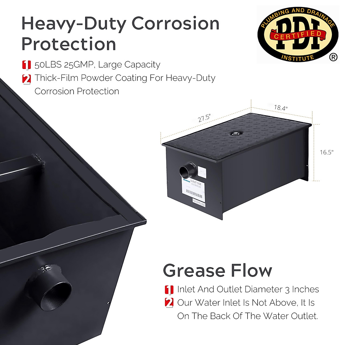 Wentworth 50 Pound Commercial Grease Trap Interceptor for Restaurant Under Sink Kitchen, 25 GPM, WP-GT-25
