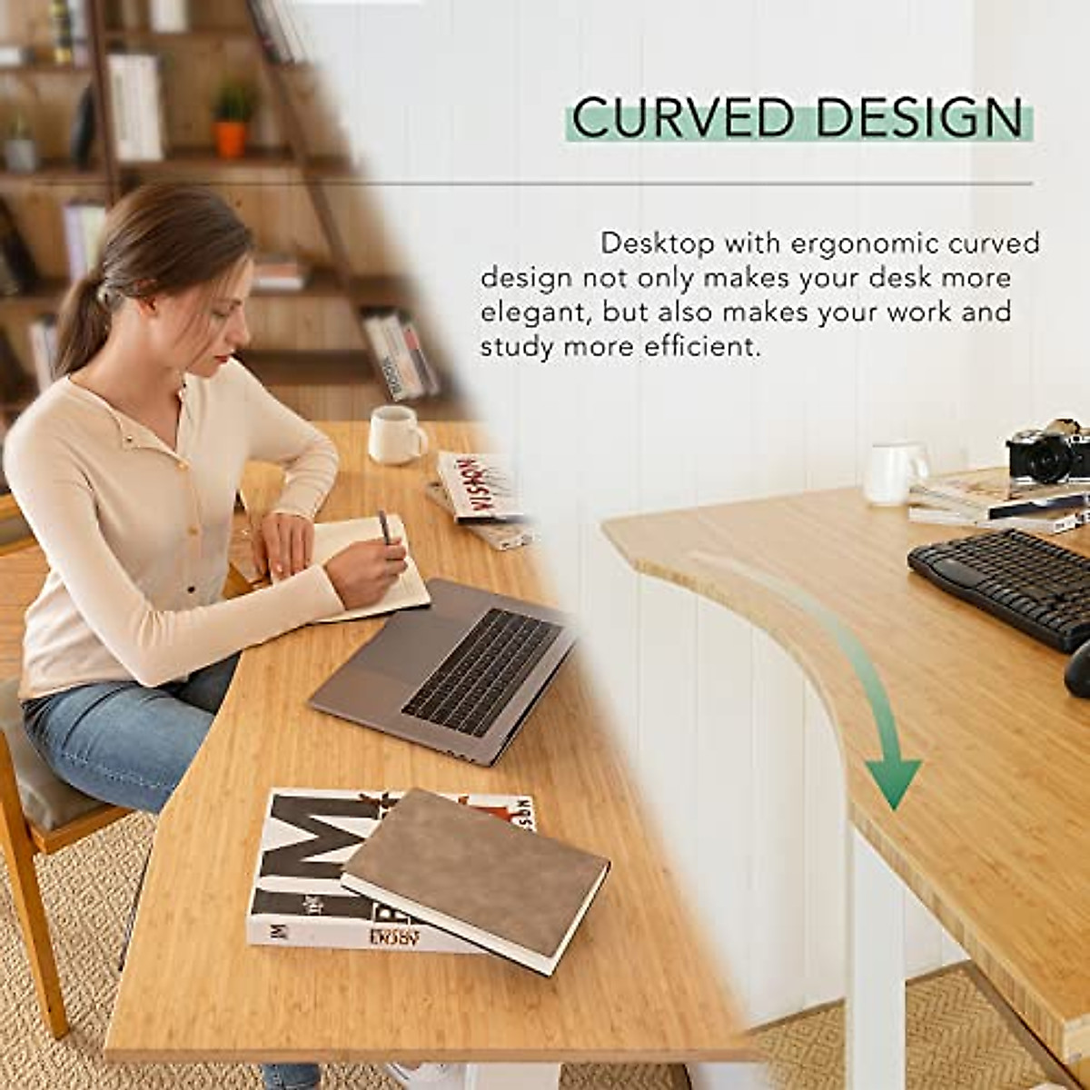 FLEXISPOT Pro Bamboo 3 Stages Dual Motor 60x30 Inch Electric Standing Desk Bamboo Contour Whole-Piece Board Height Adjustable Desk Electric Stand Up Desk (White Frame + Bamboo Curved Desktop)