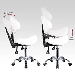 Height Adjustable Saddle Stool with Back Support, Ergonomic Hydraulic Swivel Rolling Chair with Removable Backrest for Beauty Salon Massage Dental Clinic Office, White