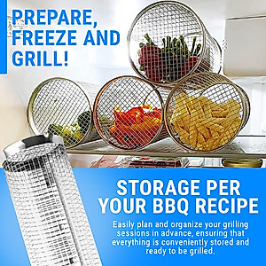 EmGi Grilling Basket 2 PCS, w/ BONUS Grill Brush, BBQ Grill Basket, Rolling Grilling Basket, Stainless Steel Grill Mesh Barbeque Grill Accessories, Portable Grill Baskets for Outdoor Grill for Fish,
