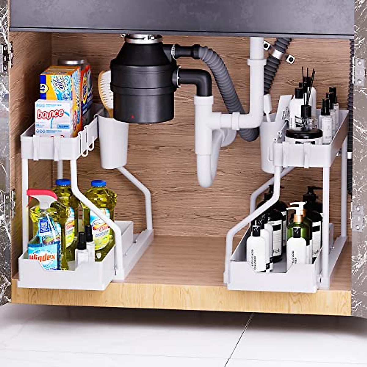 Puricon 2 Pack Under Sink Organizer, 2-Tier L-Shape Sliding Under Sink Organizers and Storage, Under Counter Storage Organizer Pull Out Under Sink Storage for Kitchen Bathroom -White