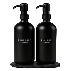 MaisoNovo Glass Soap Dispenser & Bathroom Counter Tray | Bathroom and Kitchen Set w.Dish Soap Hand Soap and Vintage Lotion Dispenser Set Waterproof Labels & Bathroom Trays for Counter & Soap Dispenser