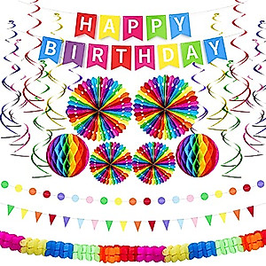UNIIDECO 22 pcs/set Colorful Rainbow Happy Birthday Decorations Kit, Mexican Fiesta Decoration, Candy Themed Bday Party Supplies Decor For Men Women Kids Boy Girl, Including Banner Pompoms Streamers
