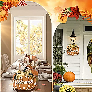 Shellwei Fall Pumpkin Welcome Sign for Front Door Wood Pumpkin Hanging Decor Thanksgiving Wooden Hanger Decorations for Autumn Harvest Farmhouse Home Decor