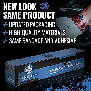 Saniderm Original Tattoo Aftercare Bandage (Personal Roll, 10.2 in x 2 yd) – Convenient, Faster Tattoo Healing and Protection – Sterile, Waterproof, and Latex-Free Tattoo Aftercare Wrap – Gloss Finish