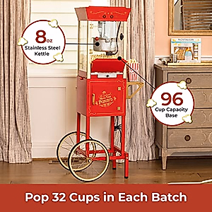 Nostalgia Popcorn Maker Professional Cart - 8 Oz Kettle Makes Up to 32 Cups -Vintage Movie Theater Popcorn Machine with Interior Light - Measuring Spoons and Scoop - Home Theater Accessories - Red