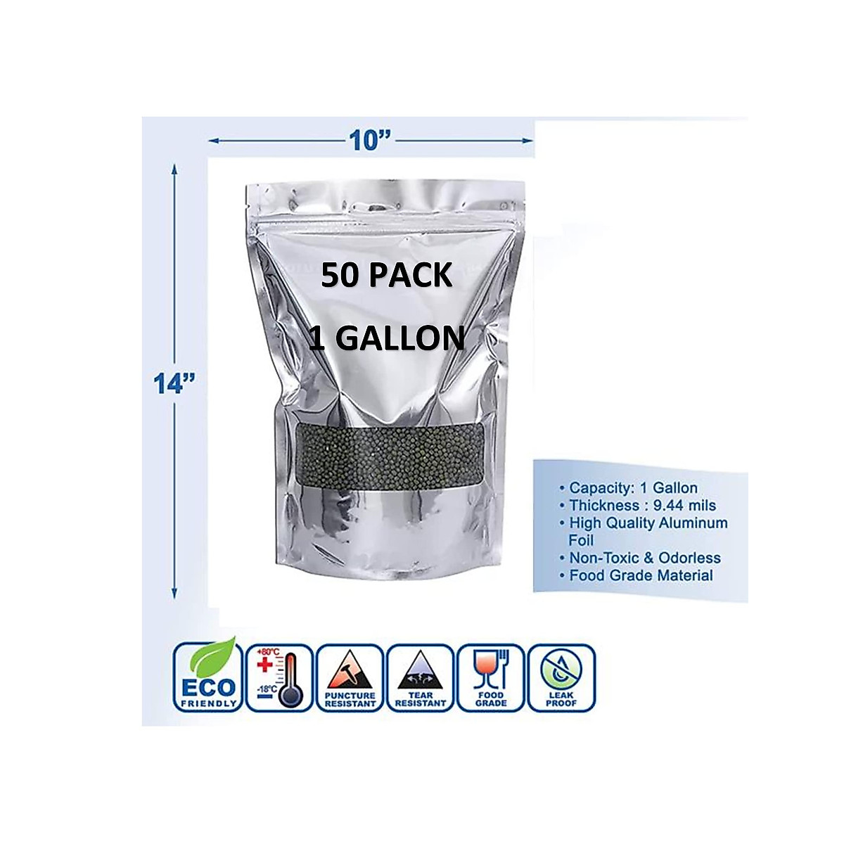 50 Pcs Mylar Bags for Food Storage with Clear Window 1 Gallon 10x14 Inches for Long Term Food Storage