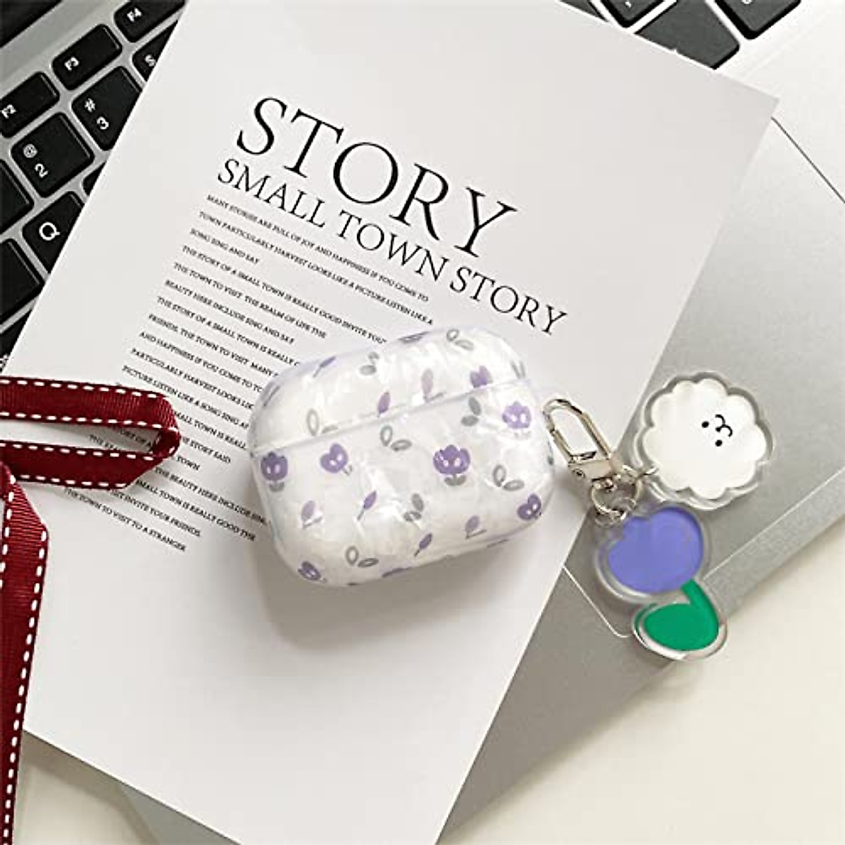 MOLOSLEEVE Airpods Pro Case Cover, Purple Tulip Flower Anti-Slip Scratch Resistant Drop Proof Full Cover Clear Case with Cute Keychain Girls Kids Women Teens for Airpods Pro Charging Case
