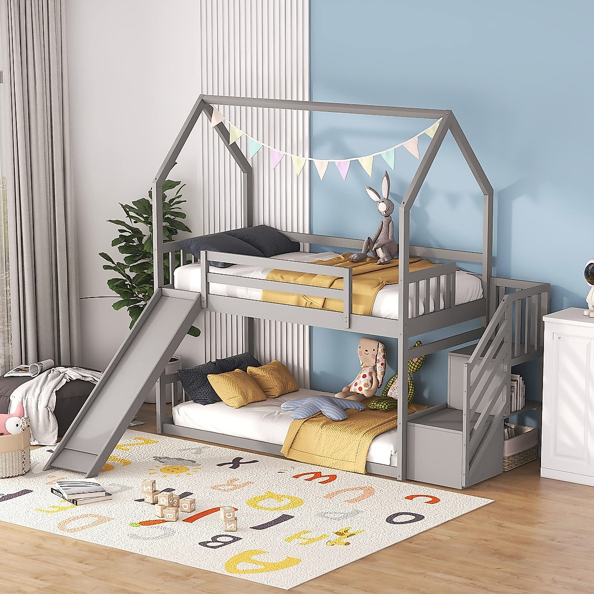 Bellemave House Bunk Beds with Stairs and Slide Low Twin Over Twin Solid Wood Floor Bunk Bed for Kids Girls Boys Teens, Gray