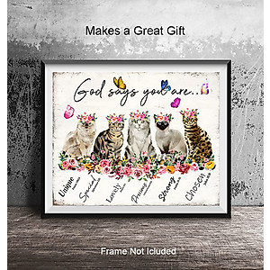 God Says You Are Cat Wall Art - Christian Inspirational Encouragement Gifts for Women - Bible Verses, Psalms, Scripture Wall Decor- Catholic Religious Gifts - Positive Motivational Quotes - Boho Decor
