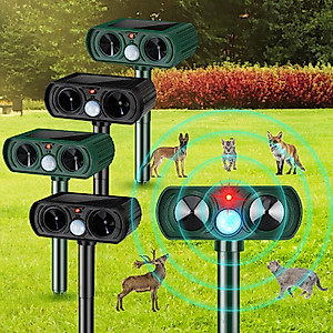 Qualirey 4 Pcs Ultrasonic Animal Repellent Outdoor Solar Powered Pest Repeller Motion Activated Cat Dog Deterrent Waterproof Motion Sensor for Squirrels Raccoon Rabbit Fox, Garden Yard Farm