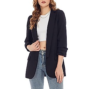 Black Blazers for Women Business Casual Lined Summer Blazer for Women Lightweight Ruched 3/4 Sleeve Open Front Work Office Light Fitted Suit Blazer(L)