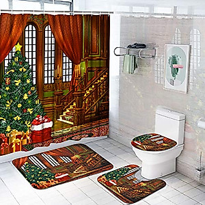 4 Pcs Christmas Shower Curtain Sets with Non-Slip Rugs, Toilet Lid Cover and Bath Mat, Red Vintage Xmas Tree and Castle Shower Curtain with 12 Hooks, Waterproof Shower Curtain for Bathroom Set