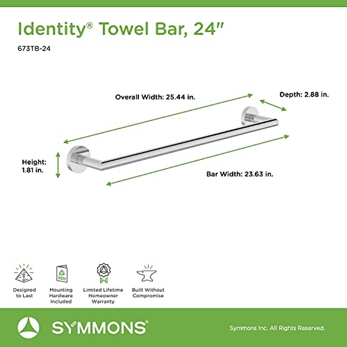 Symmons 673TB-24 Identity 24 in. Wall-Mounted Towel Bar in Polished Chrome