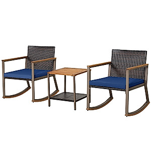 HAPPYGRILL 3 Pieces Rocking Bistro Set, Outdoor PE Wicker Rocking Chair with Coffee Table, Soft Seat Cushions Included, Gentle & Smooth Rocking Furniture Set for Yard Porch