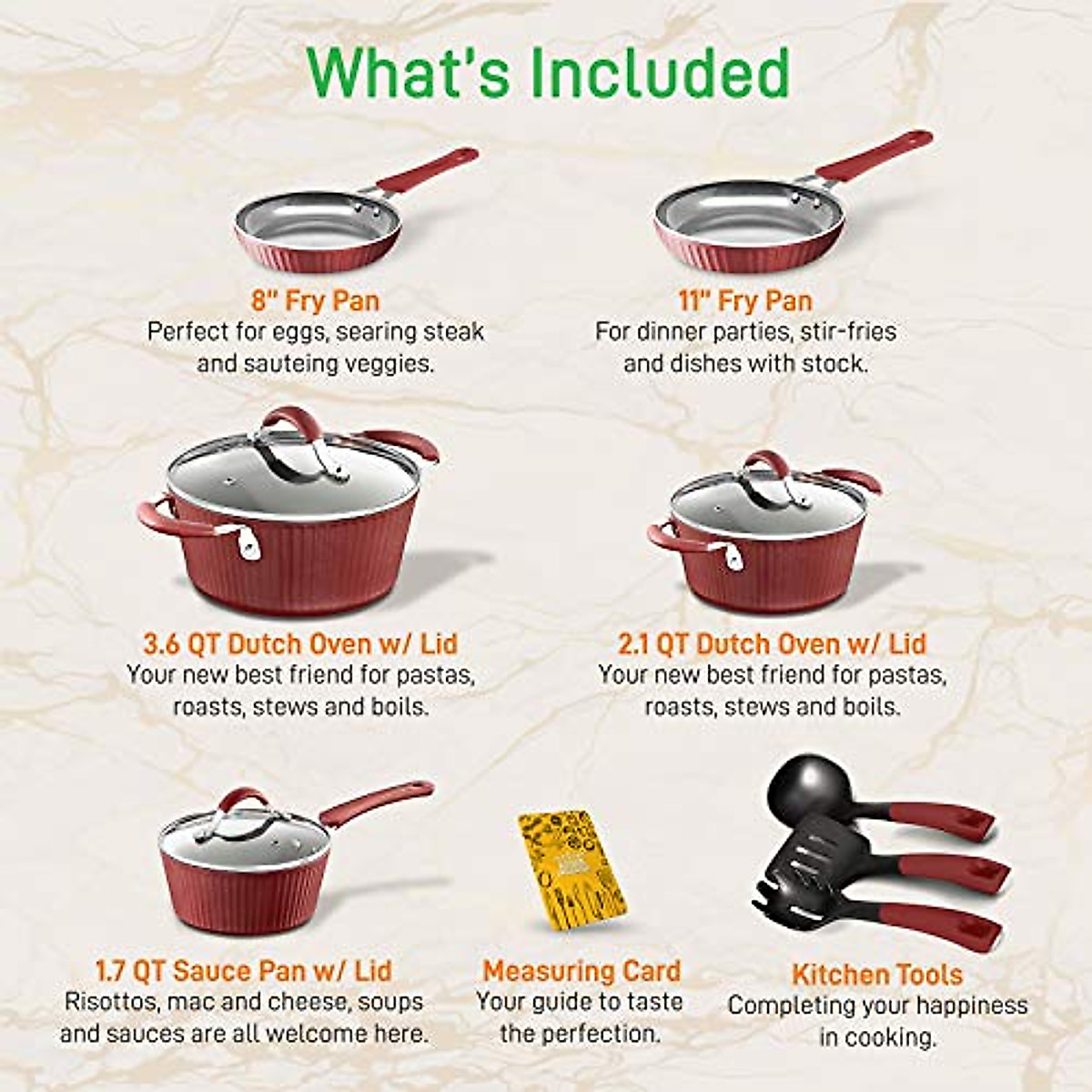 NutriChef Non-Stick Kitchenware Pots & Pans, Gray Inside & Red Outside, Metal + Silicone Handle, PTFE/PFOA/PFOS Free NCCW11RDL, 11 Pcs. Stylish Kitchen Cookware Set w/Elegant Lines Pattern