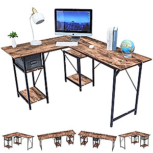 DLIUZ L Shaped Desk with Drawers，Computer Desk is Reversible Corner Large Gaming pc Table with USB Charging Port and Power Outlet,Long Writing Study Table with Shelve Suitable for 2 People Working