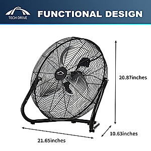 Tech Drive High Velocity Floor Fan,18 inch Heavy Duty Metal Industrial Fans,3 Powerful Speed,360° Adjustable Tilting and All Metal Construction, Black