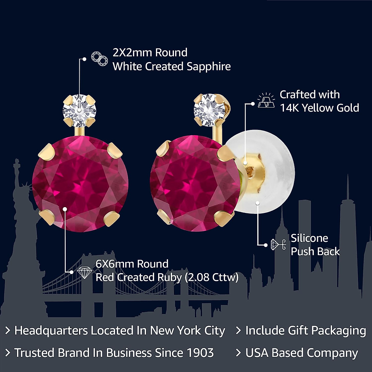 Gem Stone King 14K Yellow Gold Round Red Created Ruby and White Created Sapphire Earrings For Women (2.08 Cttw, Round 6MM)