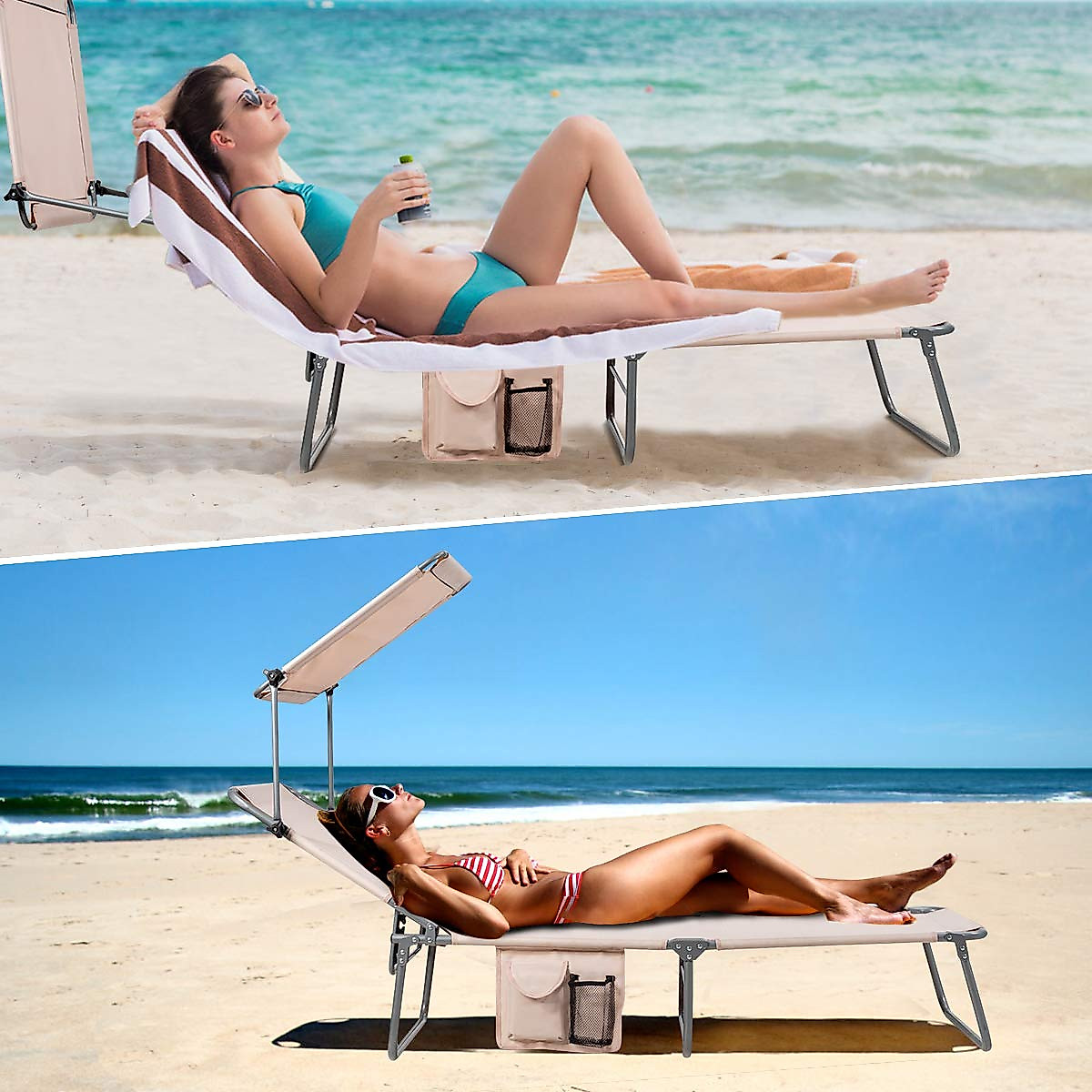 Giantex Tanning Chair, Patio Chaise Lounge Chair with 5 Adjustable Position, Shade Canopy, Storage Pocket, Camping Cot, Outdoor Sunbathing Recliner for Poolside, Lawn Folding Beach Chairs(1, Beige)
