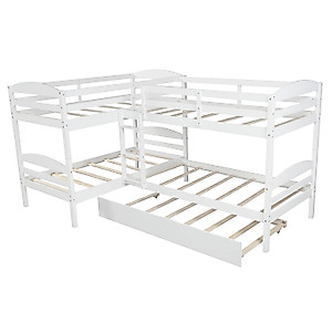 Harper & Bright Designs Quad Bunk Bed with Trundle, L Shaped Bunk Bed for 4 Kids, Wooden Twin Bunk Bed Frame for Kids Teens Adults - White